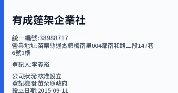 有成蓬架企業社的照片-統編 38988717(苗栗縣) 公司登記資料與營業項目詳細圖表