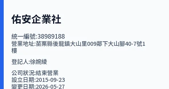 佑安企業社的照片-統編 38989188(苗栗縣) 公司登記資料與營業項目詳細圖表
