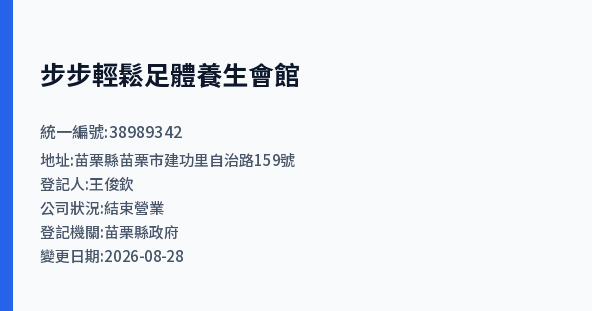 步步輕鬆足體養生會館的照片-統編 38989342(苗栗縣) 公司登記資料與營業項目詳細圖表