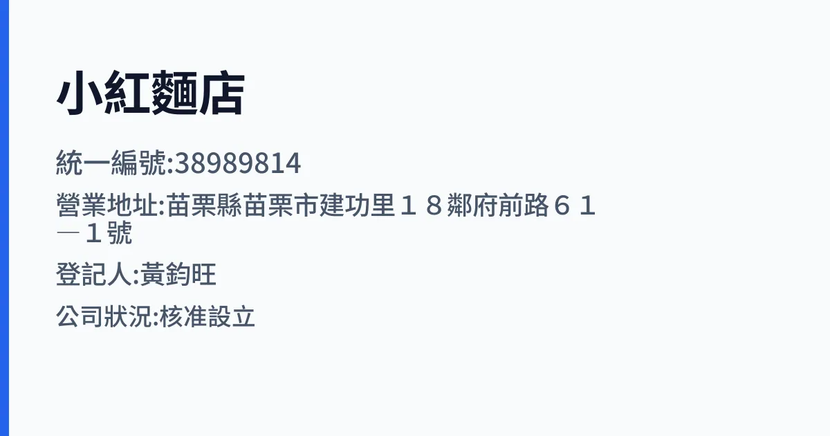 小紅麵店 - 統編 38989814(苗栗縣) 公司登記資料與營業項目詳細圖表