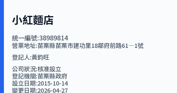 小紅麵店的照片-統編 38989814(苗栗縣) 公司登記資料與營業項目詳細圖表