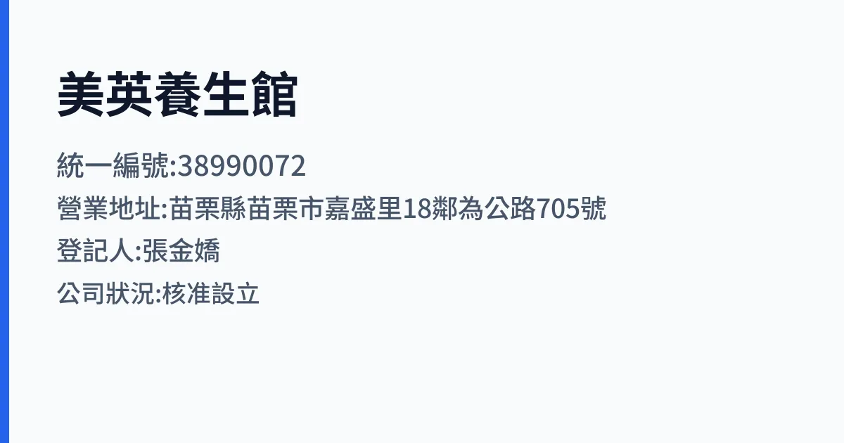 美英養生館 - 統編 38990072(苗栗縣) 公司登記資料與營業項目詳細圖表