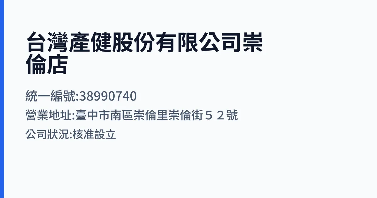 台灣產健股份有限公司崇倫店 - 統編 38990740(臺中市) 公司登記資料與營業項目詳細圖表
