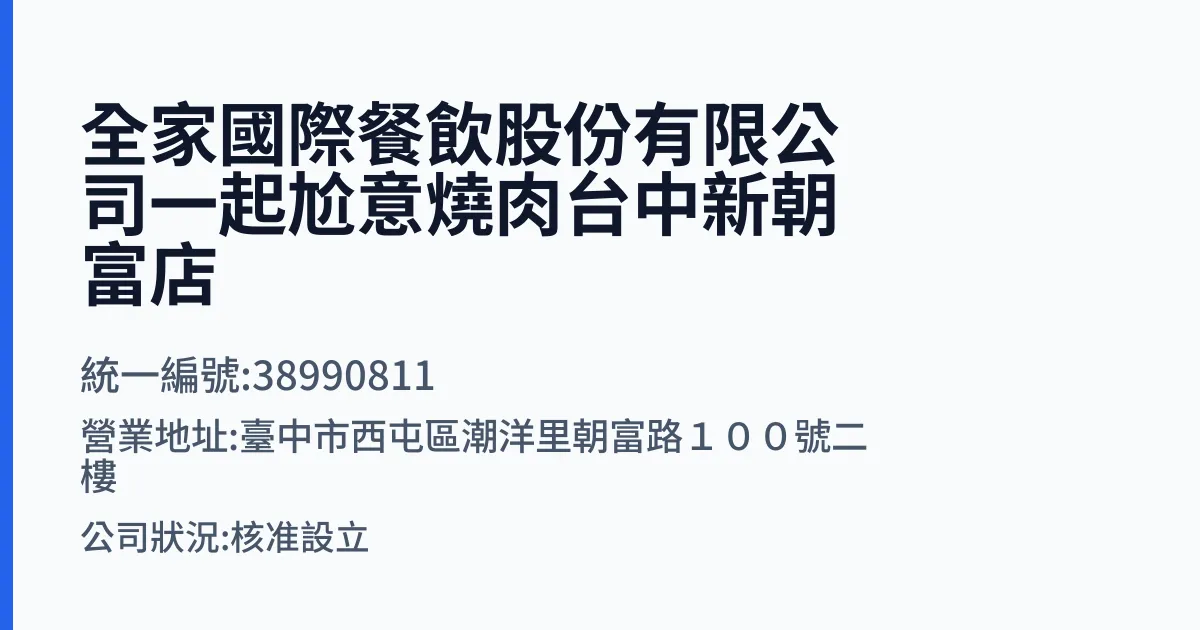 全家國際餐飲股份有限公司一起尬意燒肉台中新朝富店 - 統編 38990811(臺中市) 公司登記資料與營業項目詳細圖表
