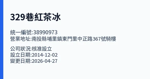 329巷紅茶冰的照片-統編 38990973(南投縣) 公司登記資料與營業項目詳細圖表