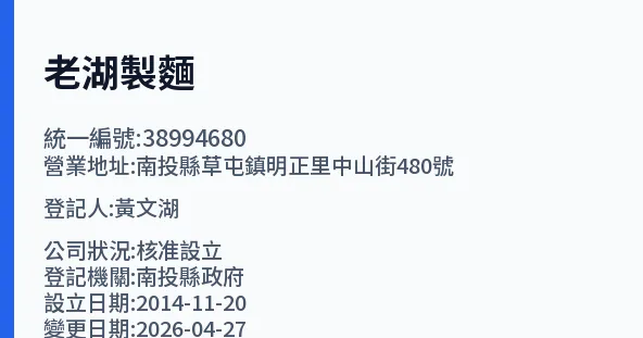 老湖製麵的照片-統編 38994680(南投縣) 公司登記資料與營業項目詳細圖表