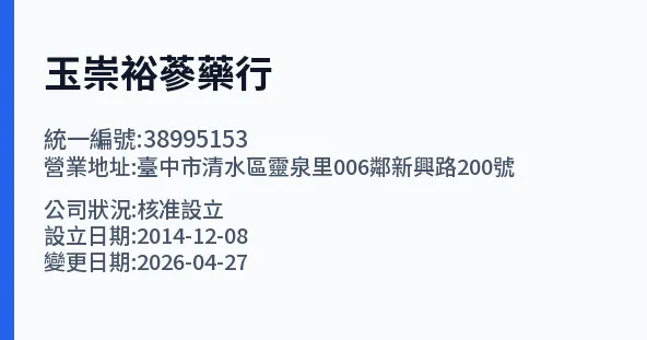玉崇裕蔘藥行的照片-統編 38995153(臺中市) 公司登記資料與營業項目詳細圖表