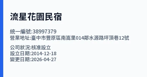 流星花園民宿的照片-統編 38997379(臺中市) 公司登記資料與營業項目詳細圖表