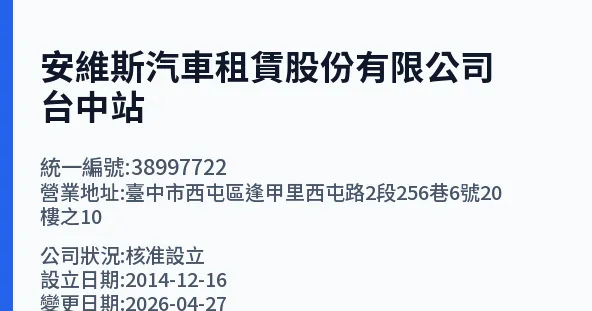 安維斯汽車租賃股份有限公司台中站的照片-統編 38997722(臺中市) 公司登記資料與營業項目詳細圖表