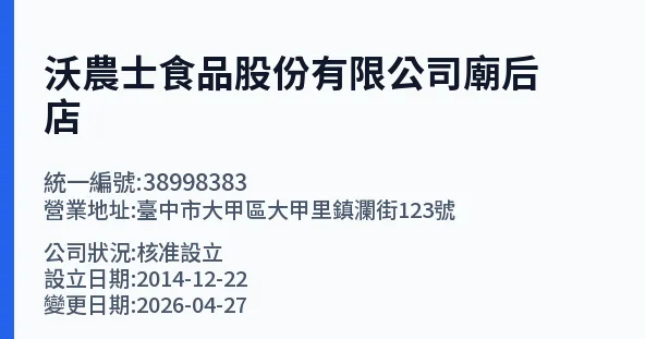 沃農士食品股份有限公司廟后店的照片-統編 38998383(臺中市) 公司登記資料與營業項目詳細圖表