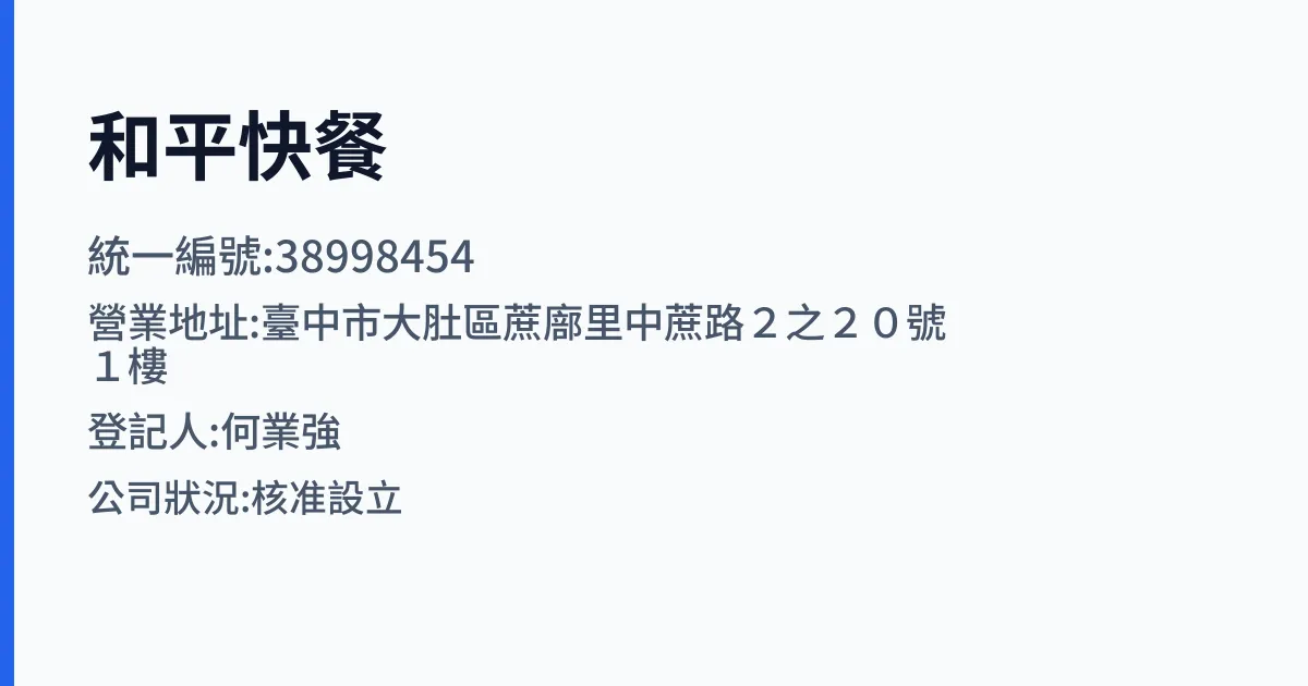 和平快餐 - 統編 38998454 (臺中市) 公司登記資料與營業項目詳細圖表