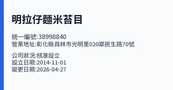 明拉仔麵米苔目的照片-統編 38998840(彰化縣) 公司登記資料與營業項目詳細圖表