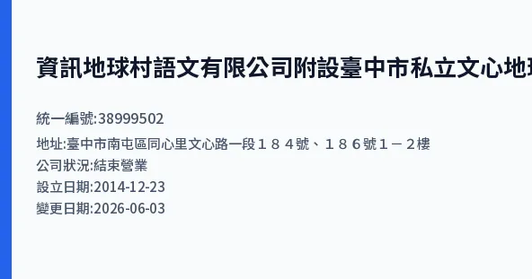 資訊地球村語文有限公司附設臺中市私立文心地球村語文語短期補習班的照片-統編 38999502(臺中市) 公司登記資料與營業項目詳細圖表