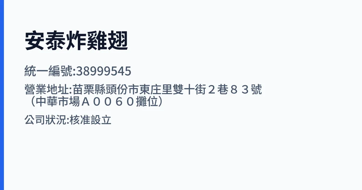 安泰炸雞翅 - 統編 38999545(苗栗縣) 公司登記資料與營業項目詳細圖表