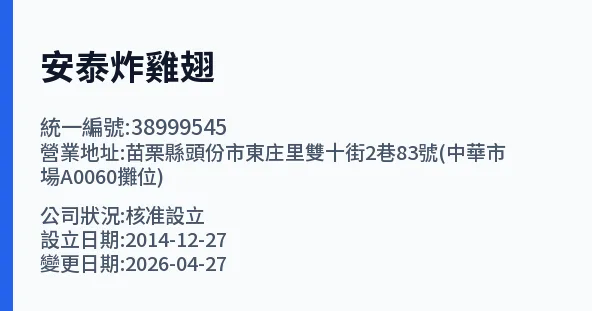 安泰炸雞翅的照片-統編 38999545(苗栗縣) 公司登記資料與營業項目詳細圖表