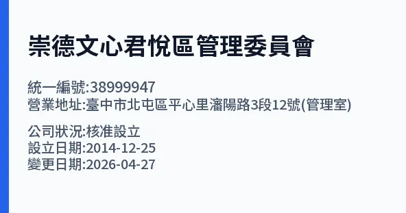 崇德文心君悅區管理委員會的照片-統編 38999947(臺中市) 公司登記資料與營業項目詳細圖表
