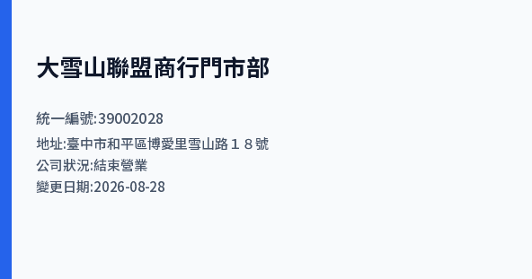 大雪山聯盟商行門市部的照片-統編 39002028(臺中市) 公司登記資料與營業項目詳細圖表