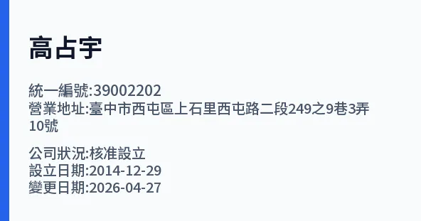 高占宇的照片-統編 39002202(臺中市) 公司登記資料與營業項目詳細圖表