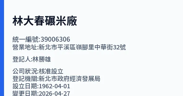 林大春碾米廠的照片-統編 39006306(新北市) 公司登記資料與營業項目詳細圖表