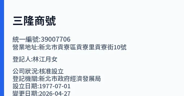 三隆商號的照片-統編 39007706(新北市) 公司登記資料與營業項目詳細圖表