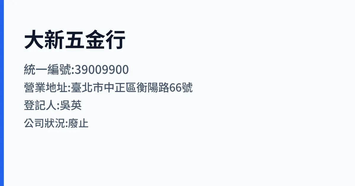 大新五金行 - 統編 39009900(新北市) 公司登記資料與營業項目詳細圖表