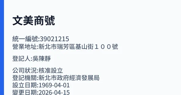 文美商號的照片-統編 39021215(新北市) 公司登記資料與營業項目詳細圖表