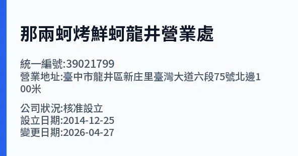 那兩蚵烤鮮蚵龍井營業處的照片-統編 39021799(臺中市) 公司登記資料與營業項目詳細圖表