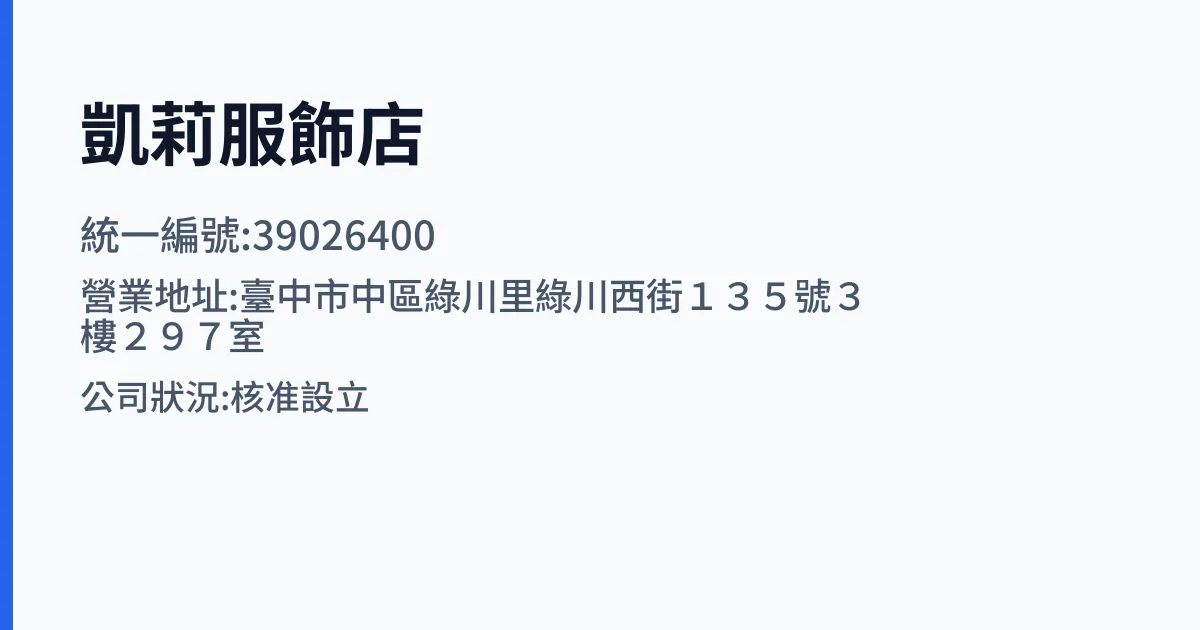 凱莉服飾店 - 統編 39026400(臺中市) 公司登記資料與營業項目詳細圖表