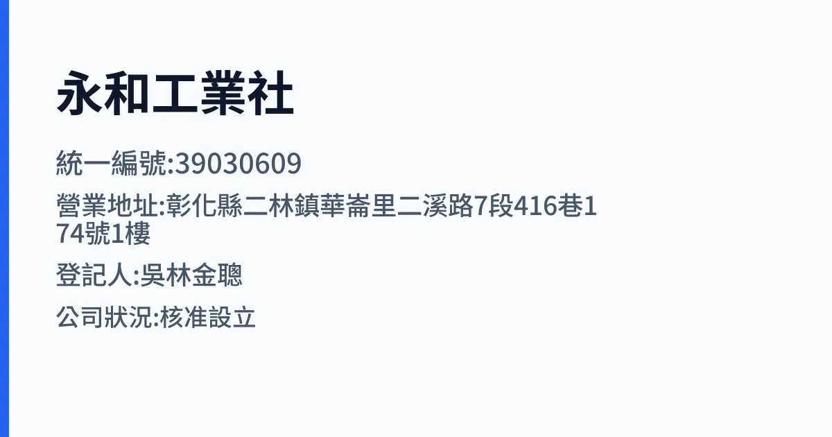 永和工業社 - 統編 39030609(彰化縣) 公司登記資料與營業項目詳細圖表