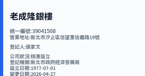 老成隆銀樓的照片-統編 39041508(新北市) 公司登記資料與營業項目詳細圖表