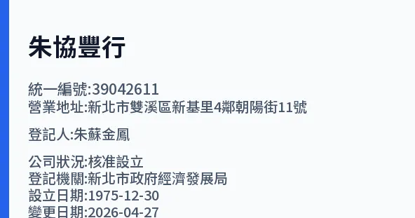 朱協豐行的照片-統編 39042611(新北市) 公司登記資料與營業項目詳細圖表