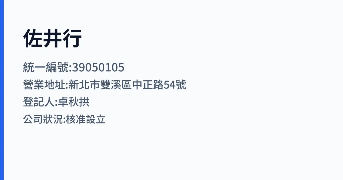 佐井行 - 統編 39050105（新北市） 公司登記資料與營業項目詳細圖表