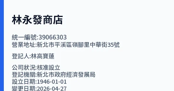 林永發商店的照片-統編 39066303(新北市) 公司登記資料與營業項目詳細圖表