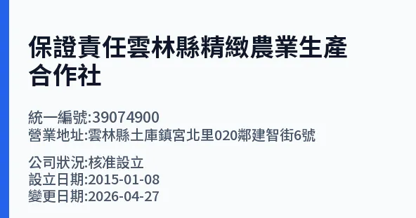 保證責任雲林縣精緻農業生產合作社的照片-統編 39074900(雲林縣) 公司登記資料與營業項目詳細圖表