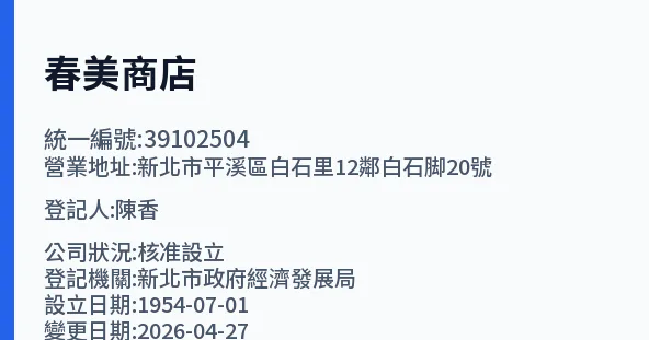 春美商店的照片-統編 39102504(新北市) 公司登記資料與營業項目詳細圖表
