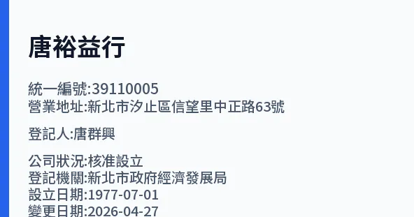 唐裕益行的照片-統編 39110005(新北市) 公司登記資料與營業項目詳細圖表