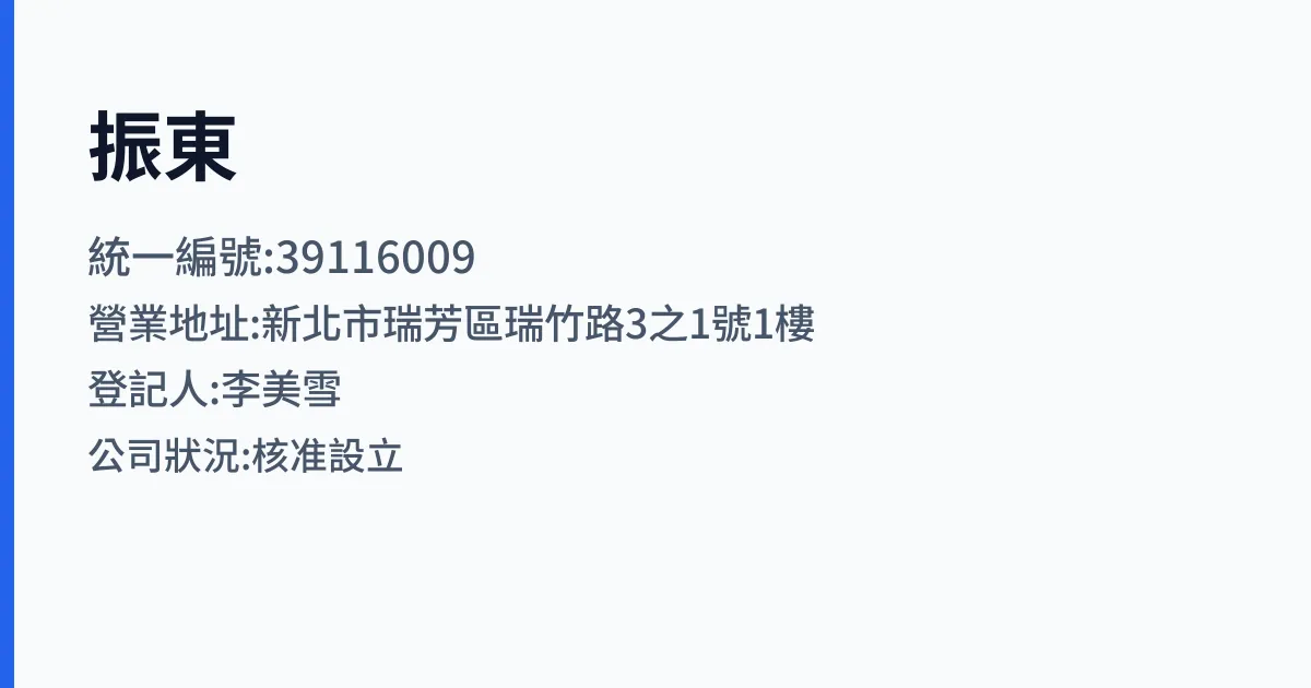 振東 - 統編 39116009(新北市) 公司登記資料與營業項目詳細圖表