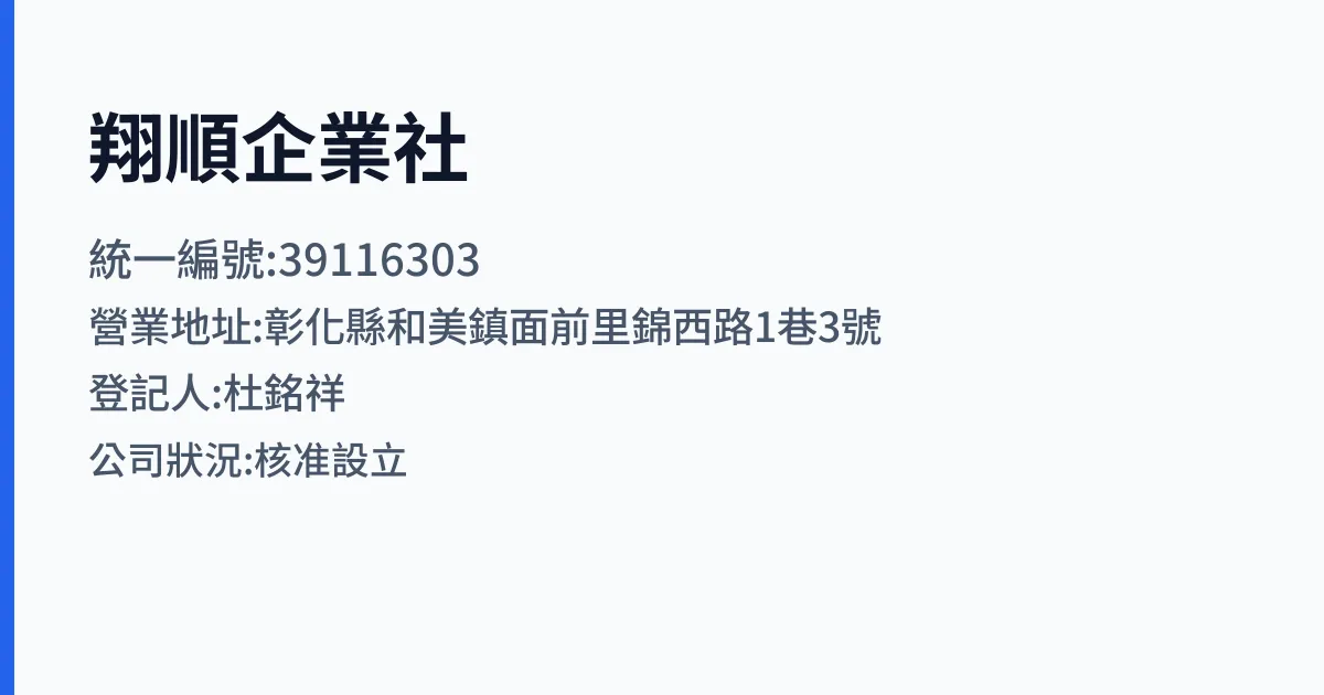 翔順企業社 - 統編 39116303(彰化縣) 公司登記資料與營業項目詳細圖表