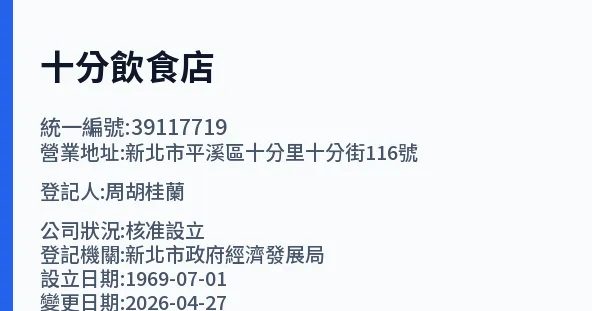 十分飲食店的照片-統編 39117719(新北市) 公司登記資料與營業項目詳細圖表