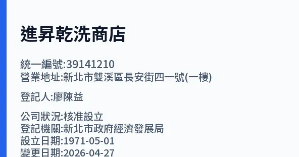 進昇乾洗商店的照片-統編 39141210(新北市) 公司登記資料與營業項目詳細圖表