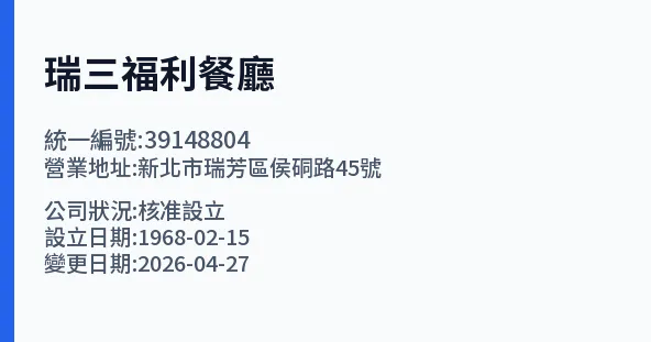 瑞三福利餐廳的照片-統編 39148804(新北市) 公司登記資料與營業項目詳細圖表