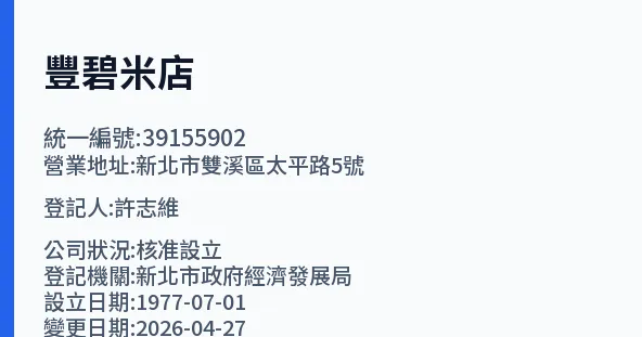 豐碧米店的照片-統編 39155902(新北市) 公司登記資料與營業項目詳細圖表