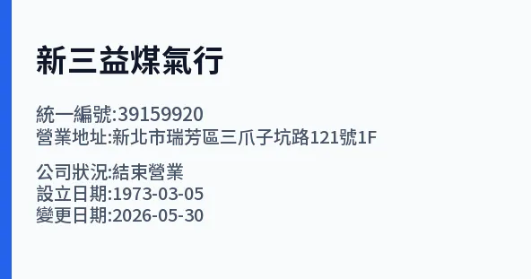 新三益煤氣行的照片-統編 39159920(新北市) 公司登記資料與營業項目詳細圖表