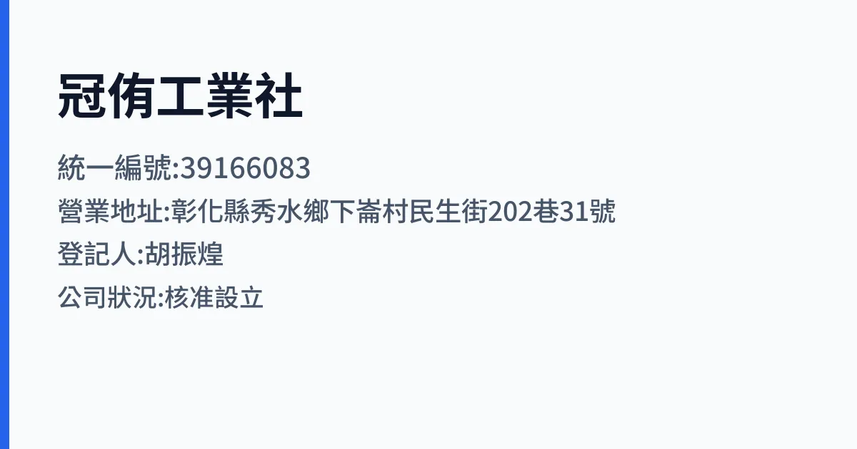 冠侑工業社 - 統編 39166083(彰化縣) 公司登記資料與營業項目詳細圖表