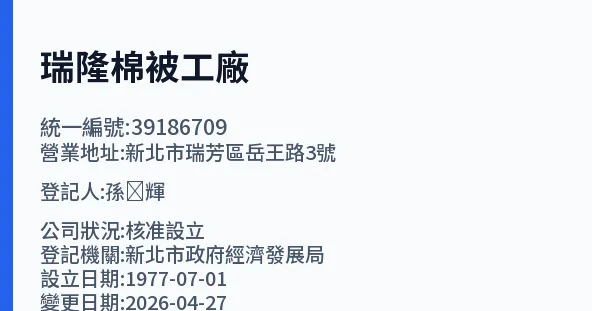 瑞隆棉被工廠的照片-統編 39186709(新北市) 公司登記資料與營業項目詳細圖表