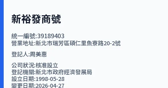 新裕發商號的照片-統編 39189403(新北市) 公司登記資料與營業項目詳細圖表