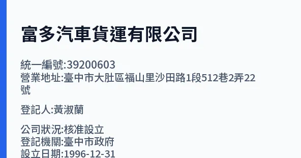 富多汽車貨運有限公司的照片-統編 39200603(臺中市) 公司登記資料與營業項目詳細圖表