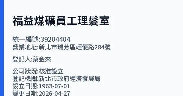 福益煤礦員工理髮室的照片-統編 39204404(新北市) 公司登記資料與營業項目詳細圖表