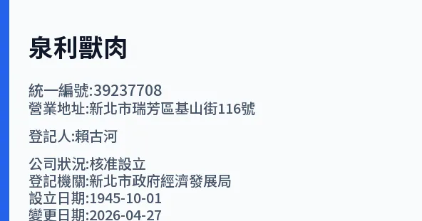 泉利獸肉的照片-統編 39237708(新北市) 公司登記資料與營業項目詳細圖表