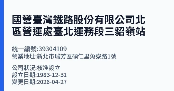 國營臺灣鐵路股份有限公司北區營運處臺北運務段三貂嶺站的照片-統編 39304109(新北市) 公司登記資料與營業項目詳細圖表